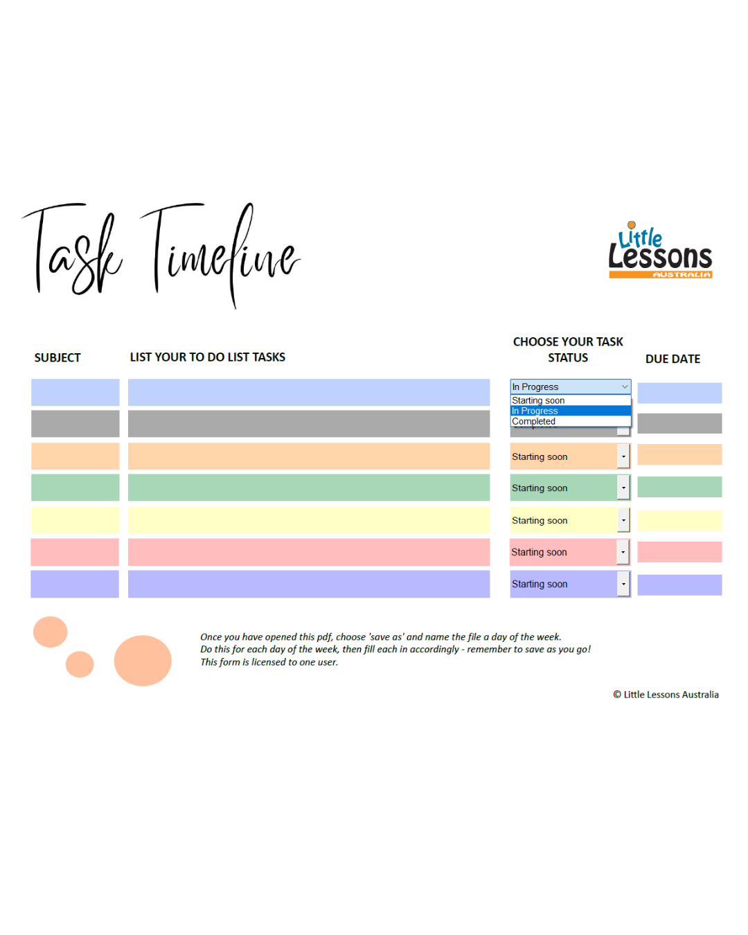 Task/Due Dates Timeline – Little Lessons Australia